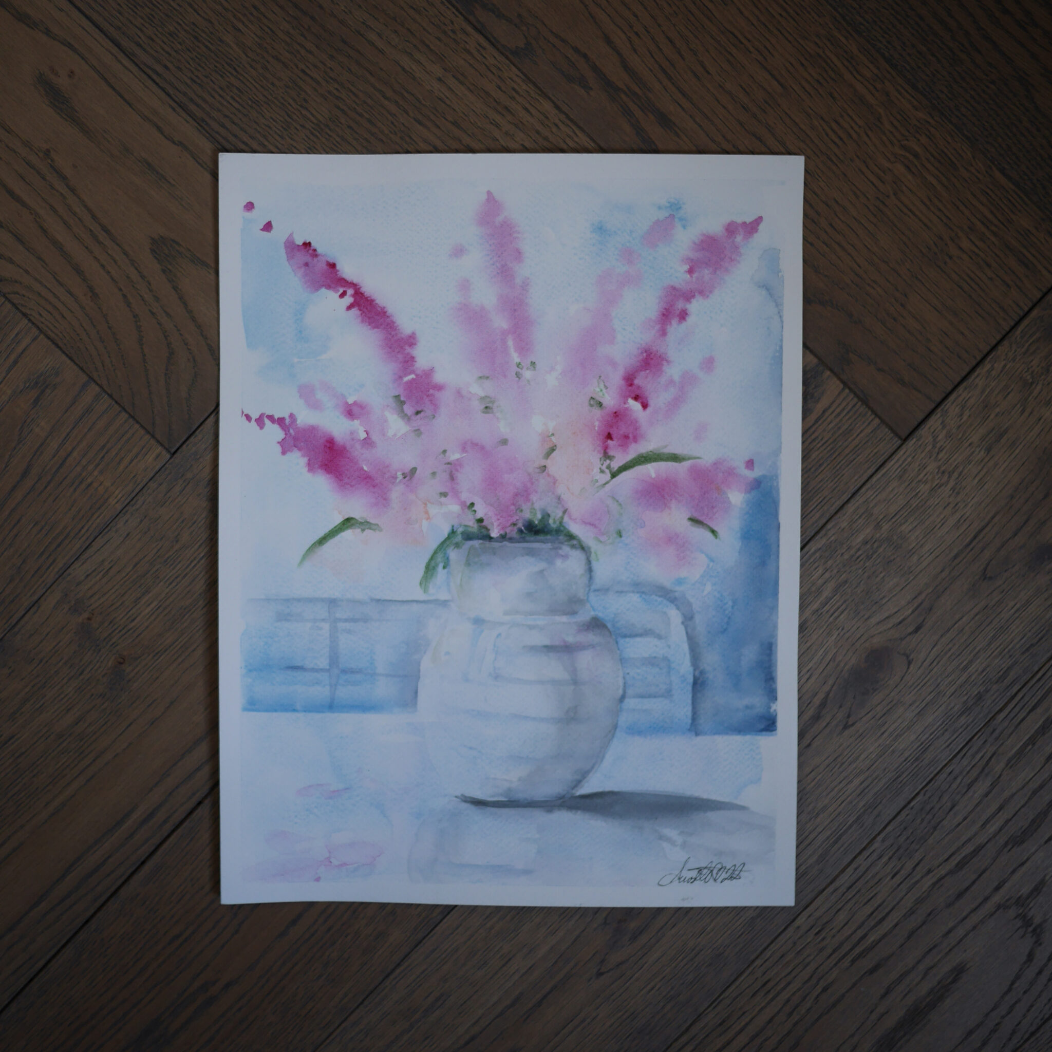 Akvarel Maleri: Pink Blomsterbuket » Gratis Retur
